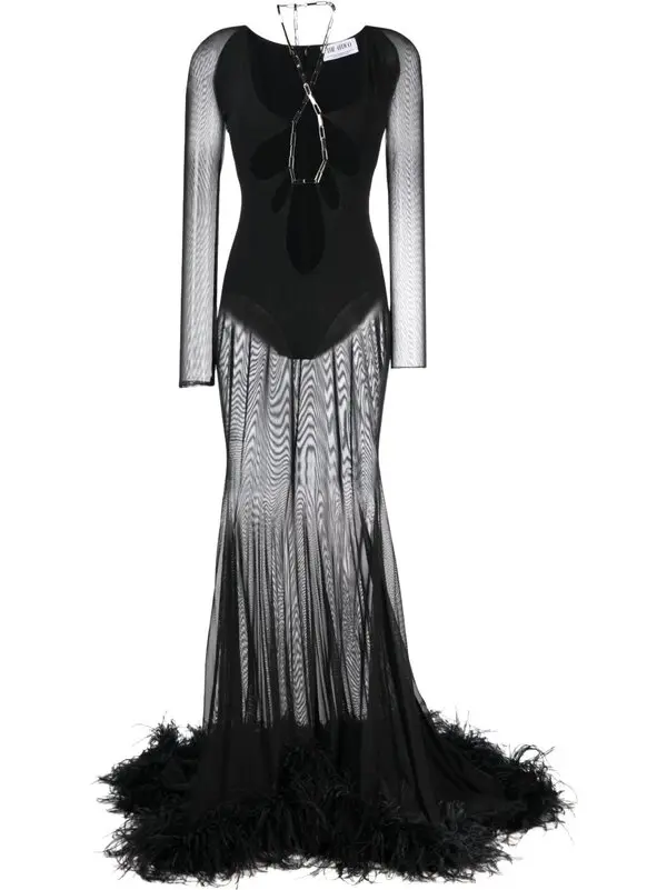 Attico Karen Cut-out Feather-trim Maxi Dress - Black