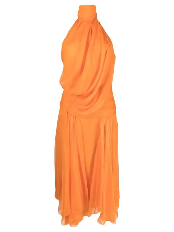 Alberta Ferretti Halterneck Draped Silk-chiffon Midi Dress - Orange