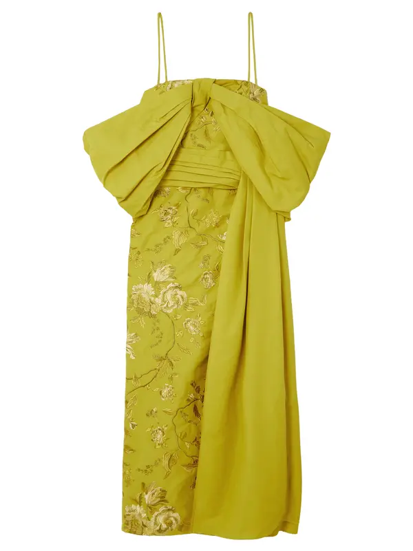 Erdem Evora Draped Taffeta And Embroidered Cotton-faille Dress - Yellow