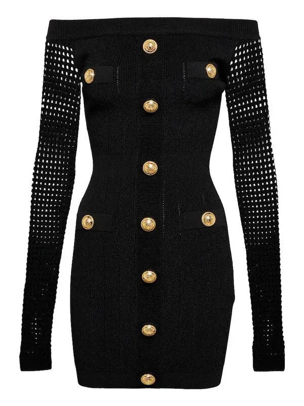 Balmain Off-shoulder Knit Minidress - Black