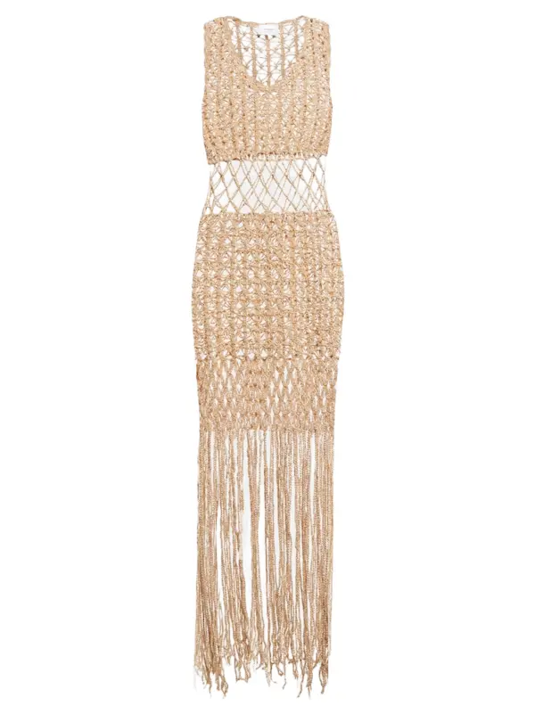 Anna Kosturova Fringe-trimmed Crochet Dress - Gold