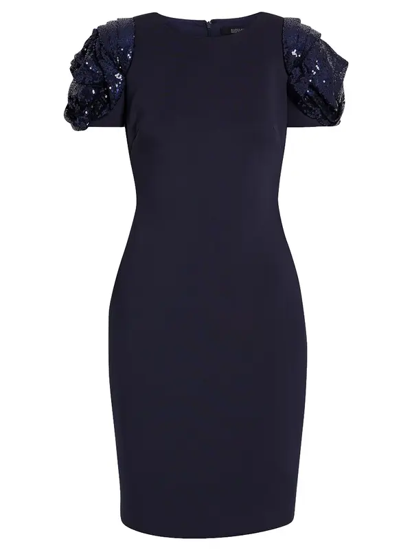 Badgley Mischka Sequin-embellished Tulle-paneled Scuba Mini Dress - Navy