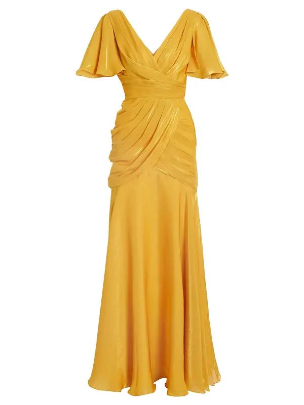 Theia Tamara Wrap-effect Metallic Gown - Saffron