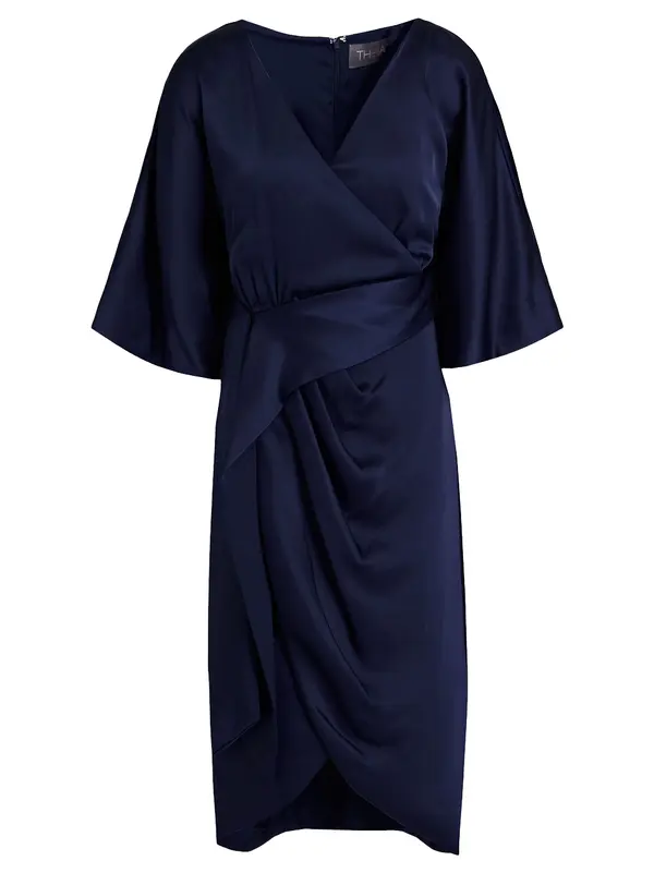 Theia Alicia Wrap-effect Ruched Stretch-satin Dress - Indigo