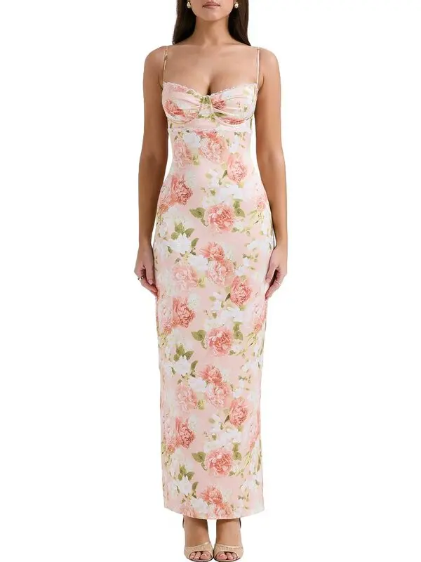 House Of Cb Josefina Floral Bustier Bodice Body-con Dress - Peony Print