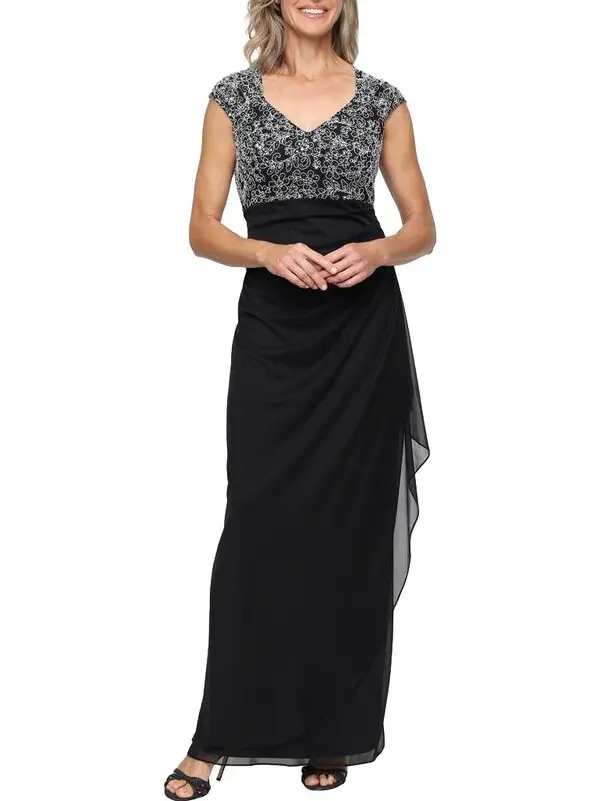 Alex Evenings Cap Sleeve Empire Waist Gown - Black White