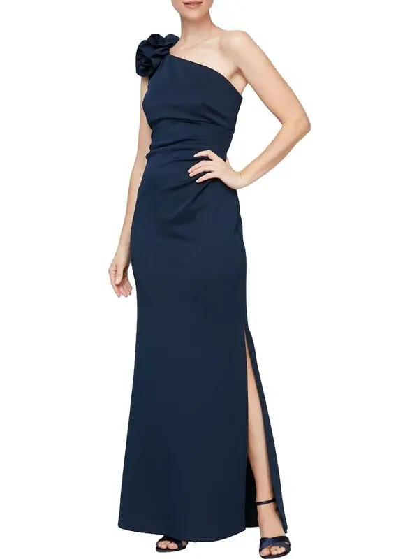 SL FASHIONS Floral Detail One-shoulder Gown - Navy