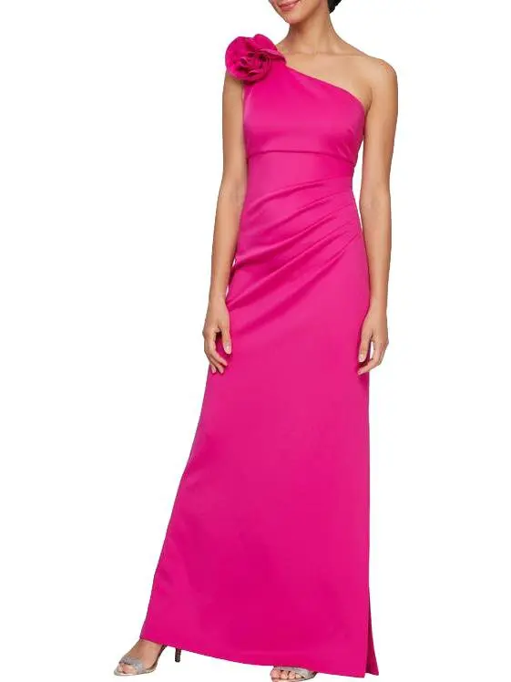 SL FASHIONS Floral Detail One-shoulder Gown - Fuchsia