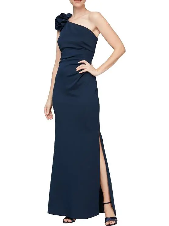SL FASHIONS Floral Detail One-shoulder Gown - Navy
