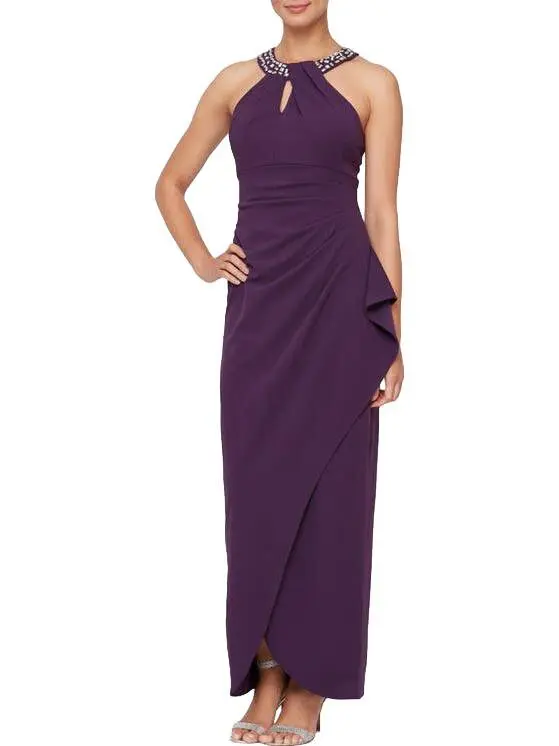 SL FASHIONS Crystal Embellished Halter Neck Tulip Maxi Dress - Spl