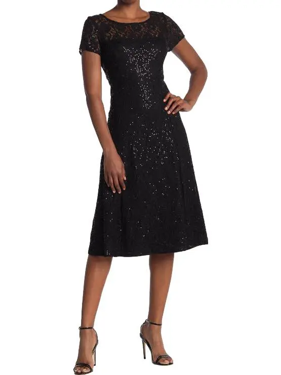 SL FASHIONS Cap Sleeve Metallic Lace Dress - Blk