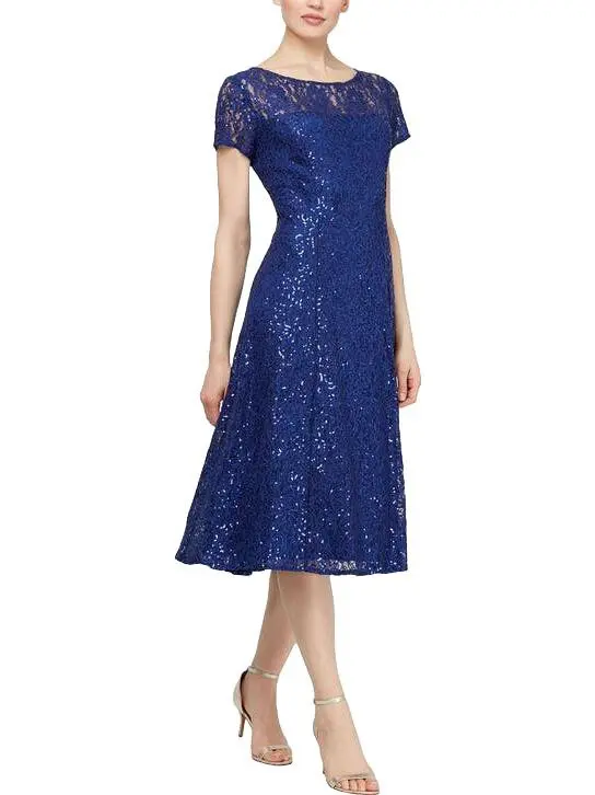 SL FASHIONS Cap Sleeve Metallic Lace Dress - Irs