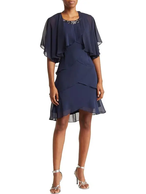 SL FASHIONS Chiffon Tier Jacket & Dress Set - Nav