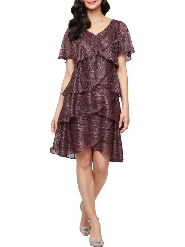 SL FASHIONS Tiered Shimmer Metallic Dress - Berry