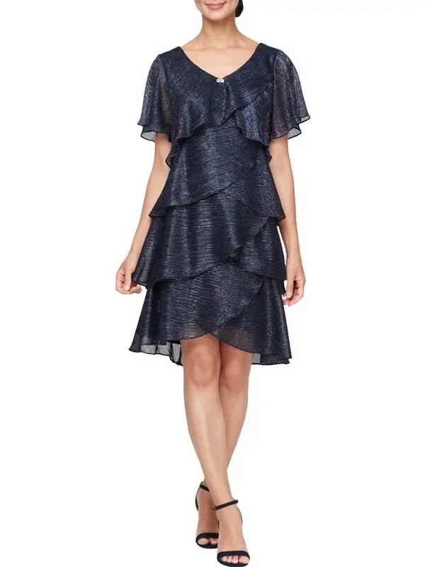 SL FASHIONS Tiered Shimmer Metallic Dress - Navy