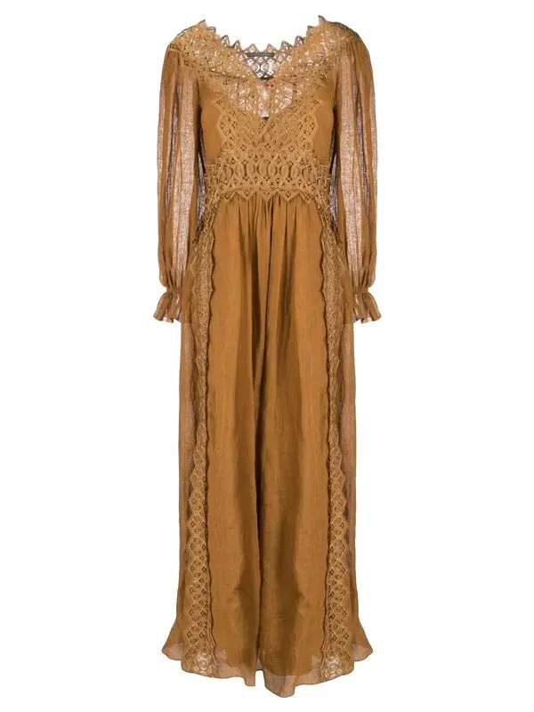 Alberta Ferretti Lace Linen Long Dress - Brown