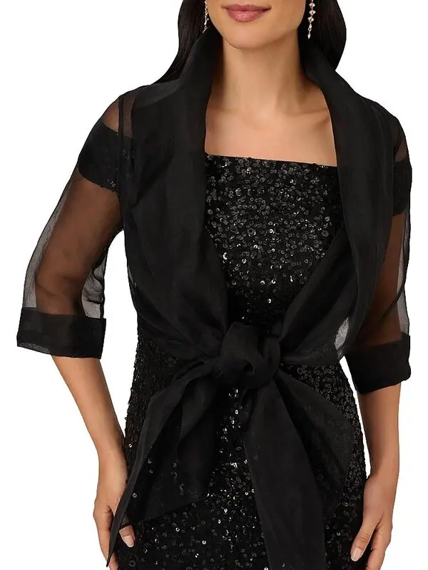Adrianna Papell Organza Tie Front Wrap Jacket - Black