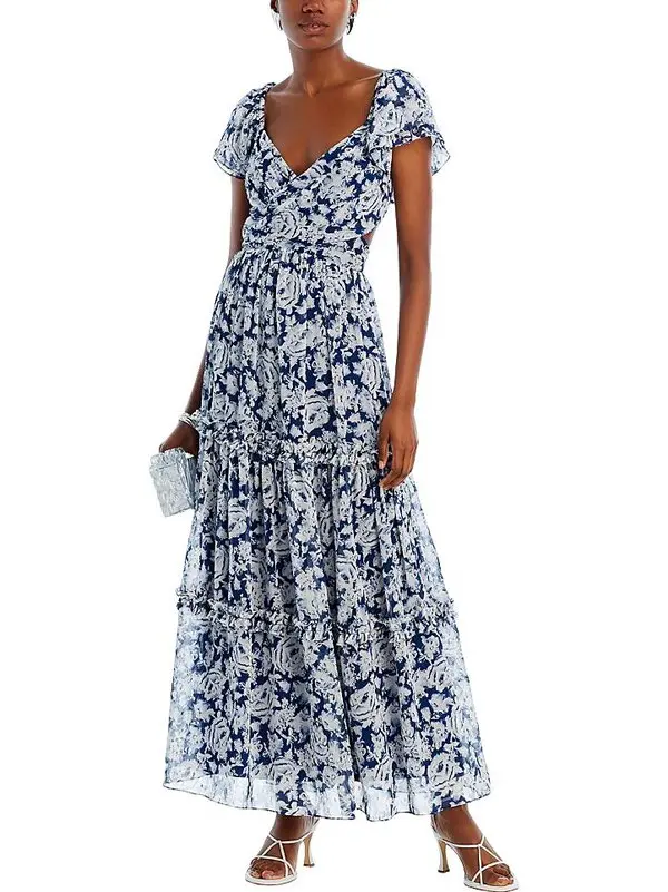 Aqua Flutter Sleeve Tiered Maxi Dress Exclusive - Navy/white