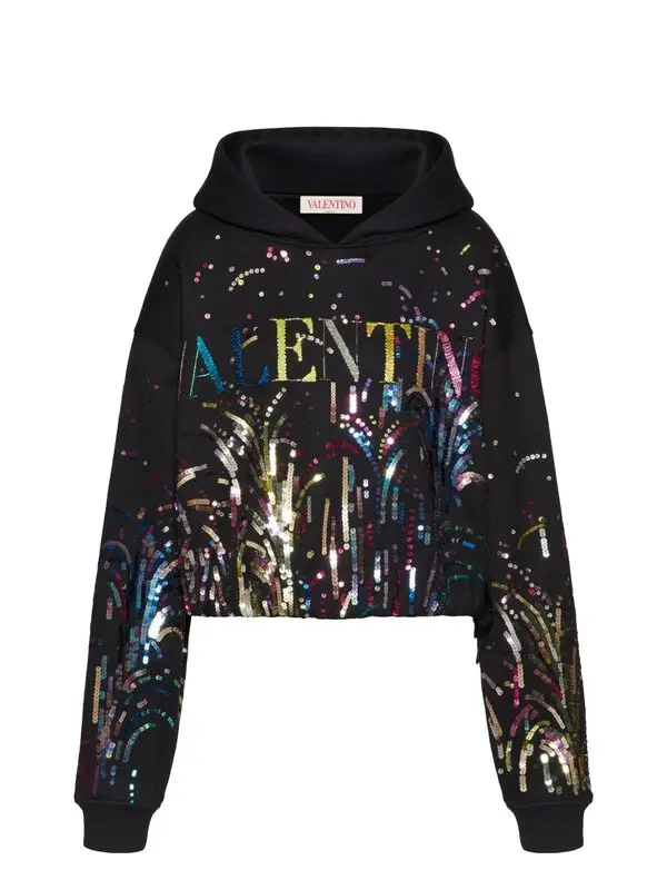 Valentino Garavani Sequin Embellished Cotton Hoodie - Black