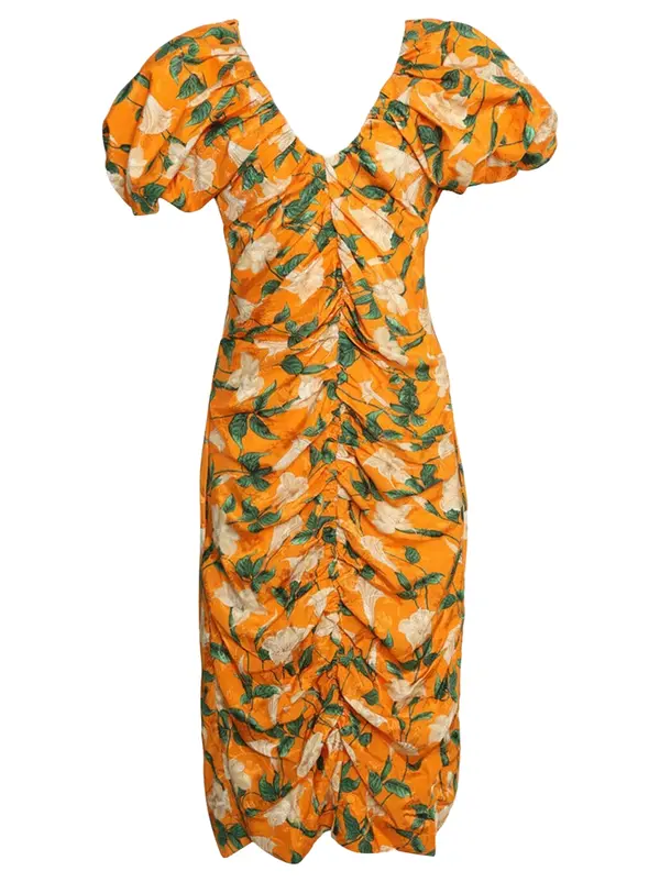 Agua Bendita Floral-print Ruched Dress - Orange