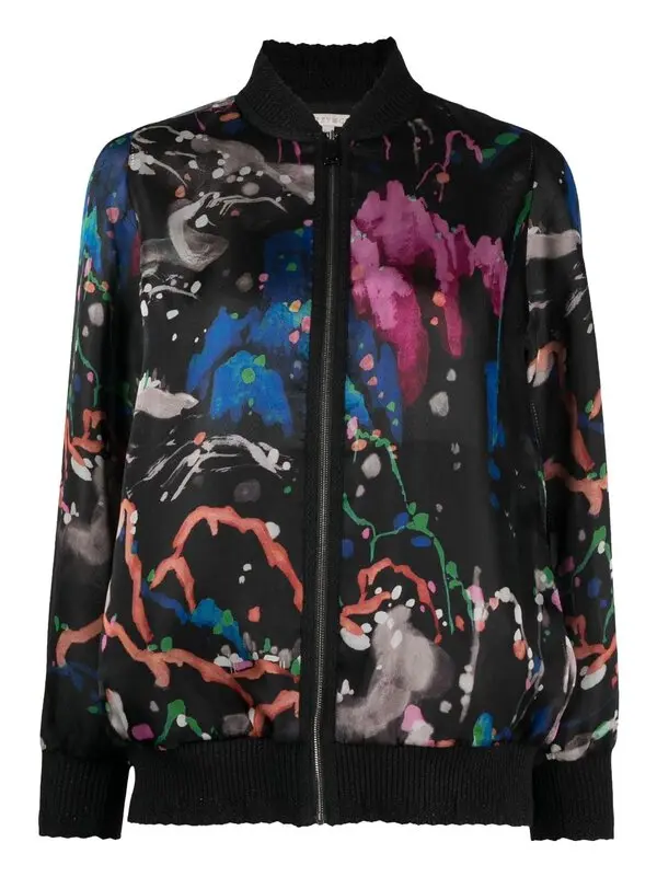 Shiatzy Chen Printed Silk Bomber Jacket - Black
