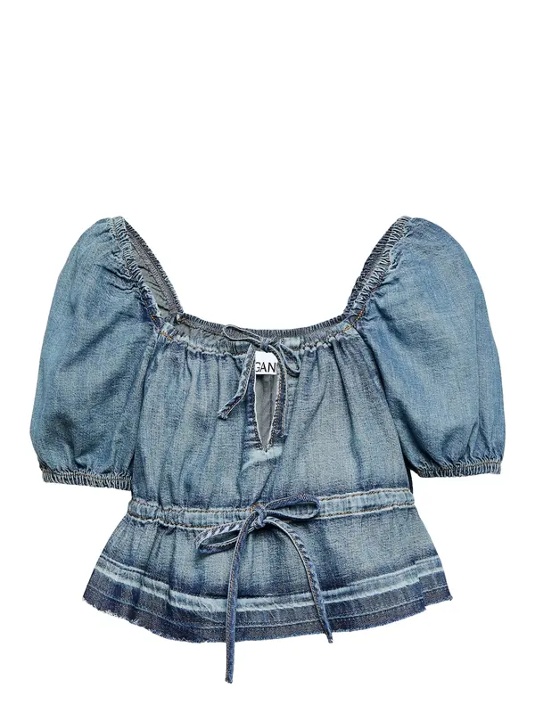 GANNI Puff-sleeve Denim Crop Top - Blue