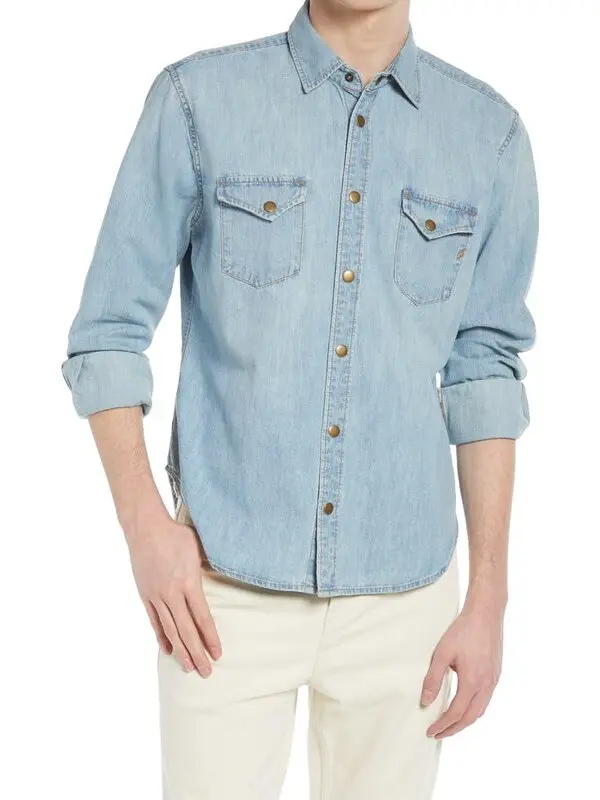 Billy Reid Distressed Denim Slim Fit Western Shirt - Denim Wash