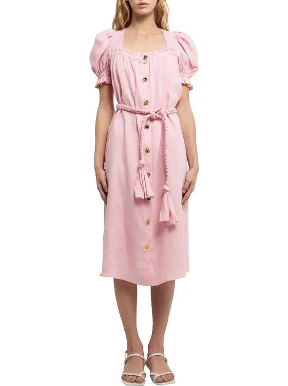 English Factory Puff Sleeve Linen Midi Dress - Pink