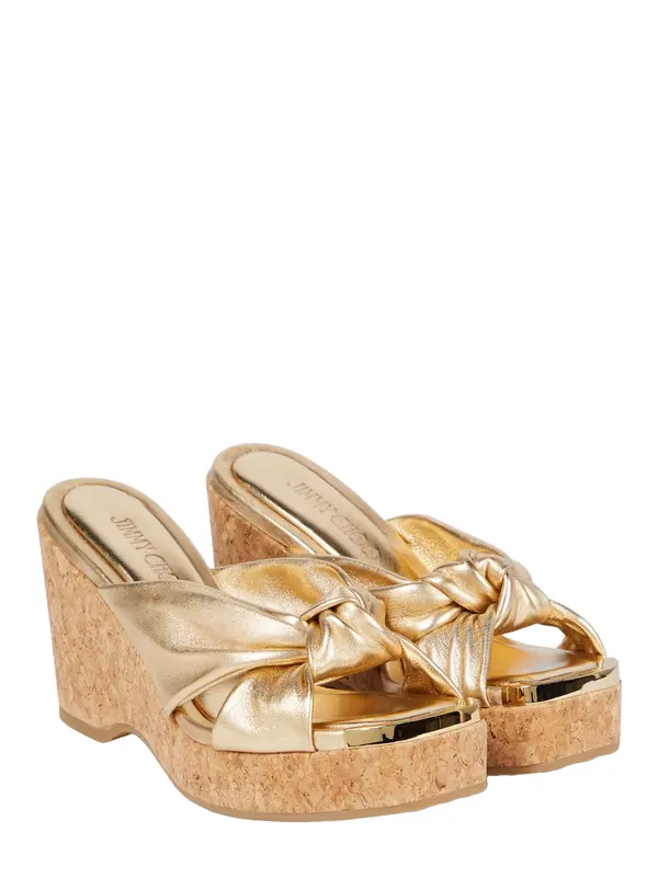 JIMMY CHOO Avenue Metallic Leather Wedge Sandals - Gold