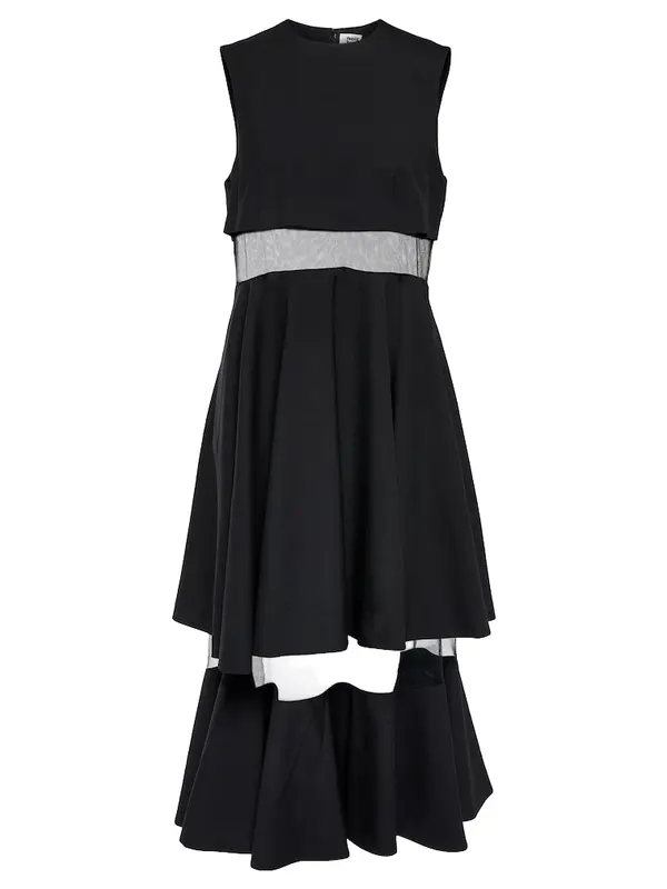 Noir Kei Ninomiya Mesh-trimmed Wool Midi Dress - Black