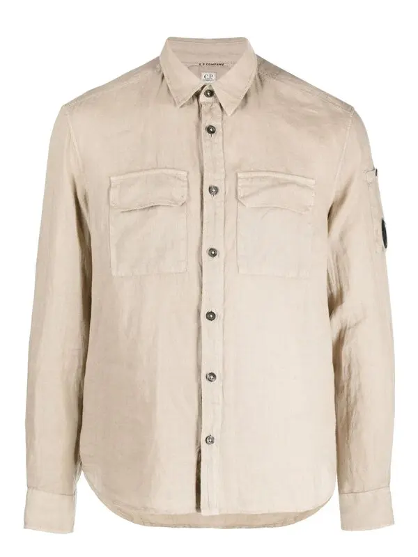 C.P. COMPANY Signature Lens-detail Linen Shirt - Brown