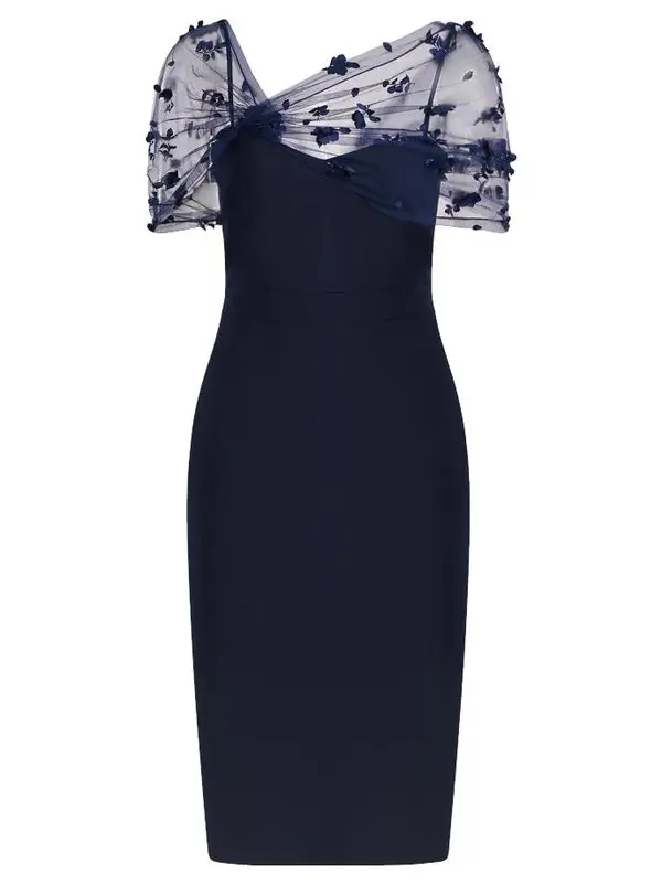 Theia Gia Beaded Shawl-embellished Dress - Navy