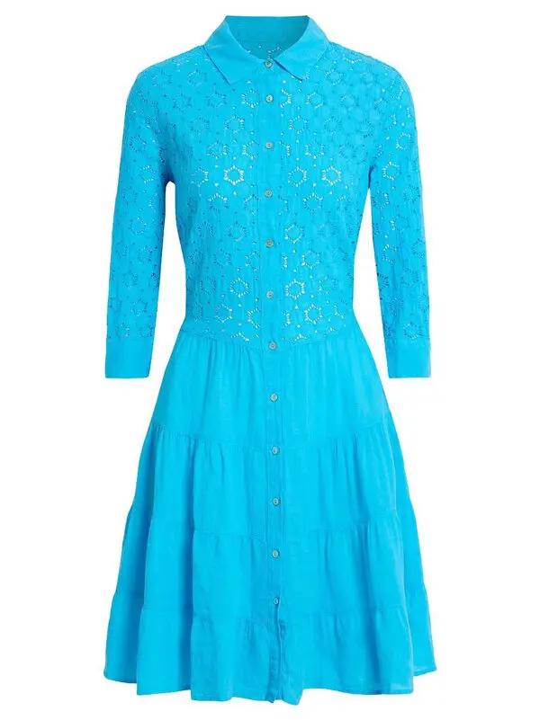 120% Lino Tiered Broderie Anglaise Linen Mini Shirt Dress - Turquoise