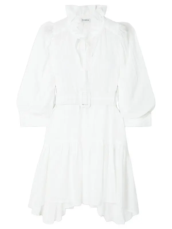 Evarae Belted Ruffled Tencel™ Mini Dress - White