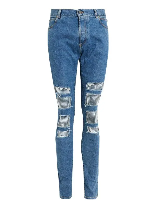 Balmain Skinnyfit Distressed Embellished Denim Jeans - Mid Denim
