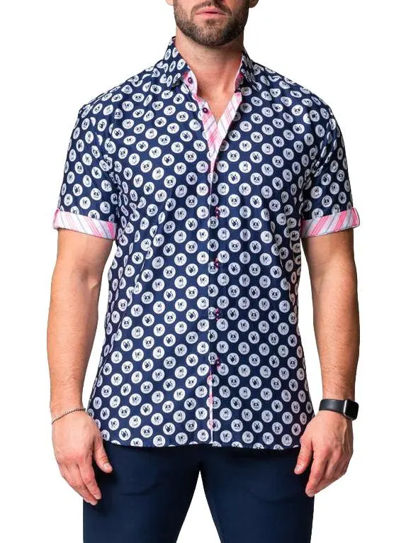 MACEOO Galileo Dogdot Stretch Short Sleeve Button-up Shirt - Blue