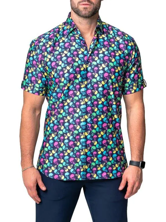 MACEOO Galileo Skull Regular Fit Short Sleeve Button-up Shirt - Multi