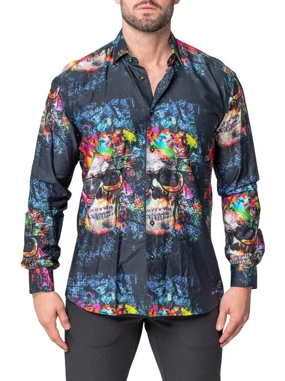 MACEOO Fibonacci Skull Regular Fit Cotton Blend Button-up Shirt - Blue