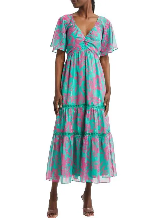 Adelyn Rae Metallic Flutter Sleeve Tiered Sundress - Sea Green