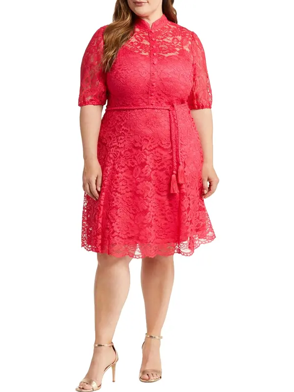 TAHARI ASL Scallop Hem Lace Dress - Raspberry