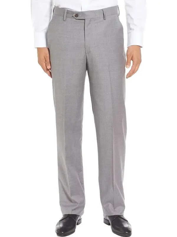 Berle Flat Front Super 130s Wool Gabardine Trousers - Light Grey