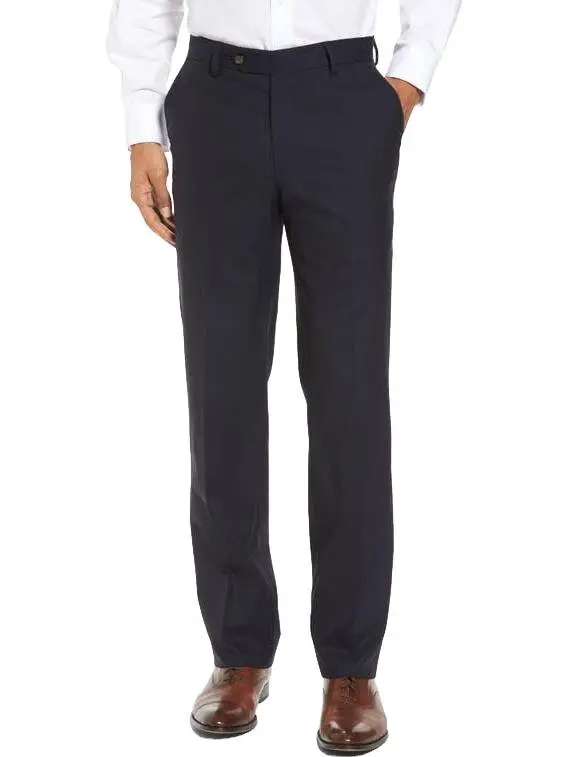 Berle Flat Front Stretch Solid Wool Trousers - Navy