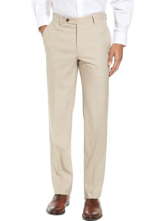 Berle Flat Front Stretch Solid Wool Trousers - Tan