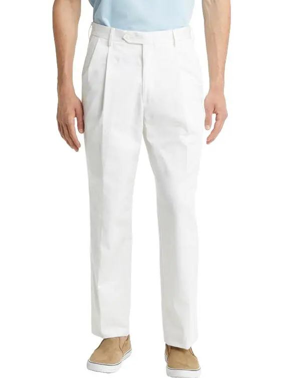 Berle Classic Fit Pleated Cotton Twill Trousers - White
