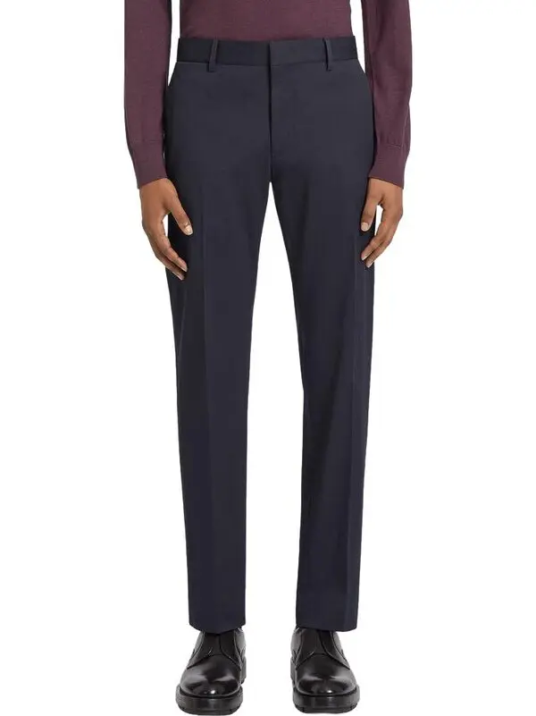 Zegna Flat Front Stretch Cotton Gabardine Trousers - Navy