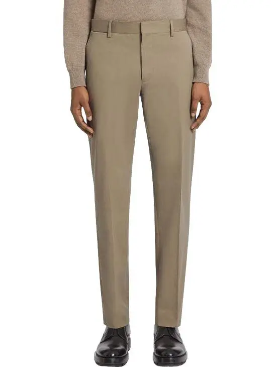 Zegna Flat Front Stretch Cotton Gabardine Trousers - Khaki