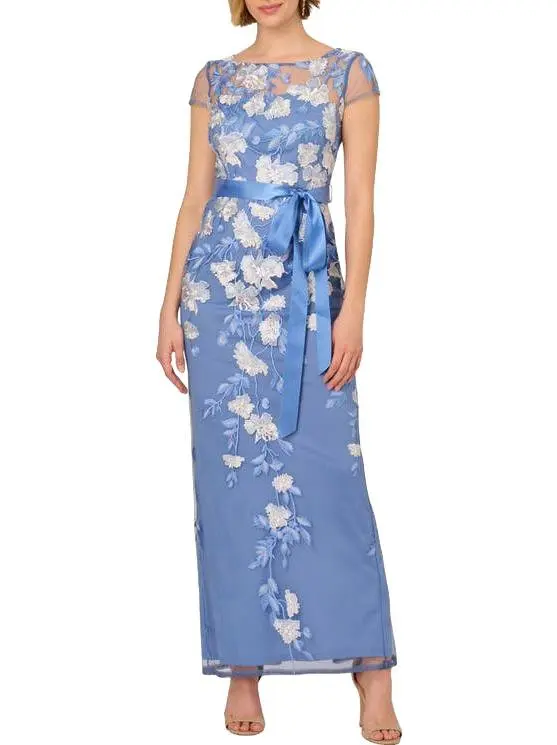 Adrianna Papell Floral Embroidered Gown - French Blue Multi