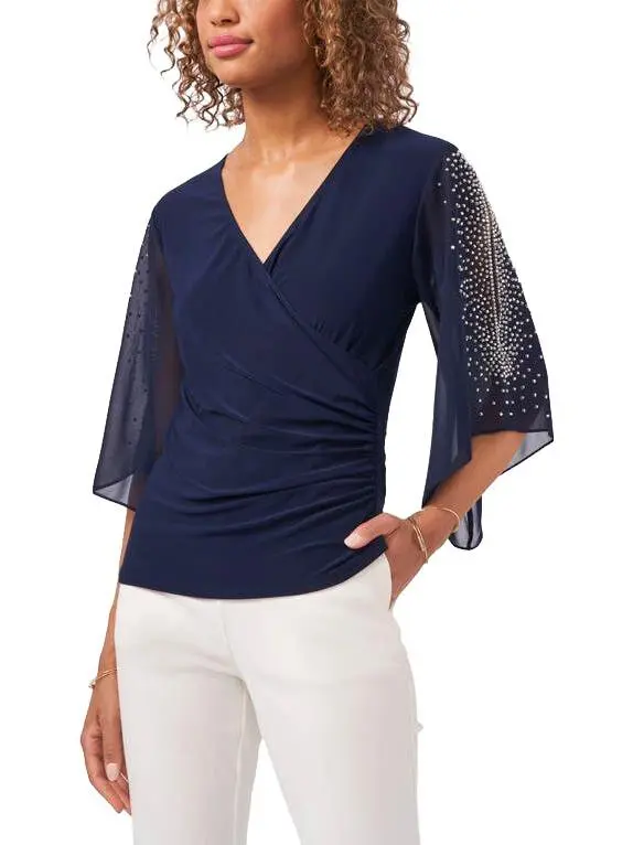 Chaus Embellished Split Sleeve Blouse - Navy