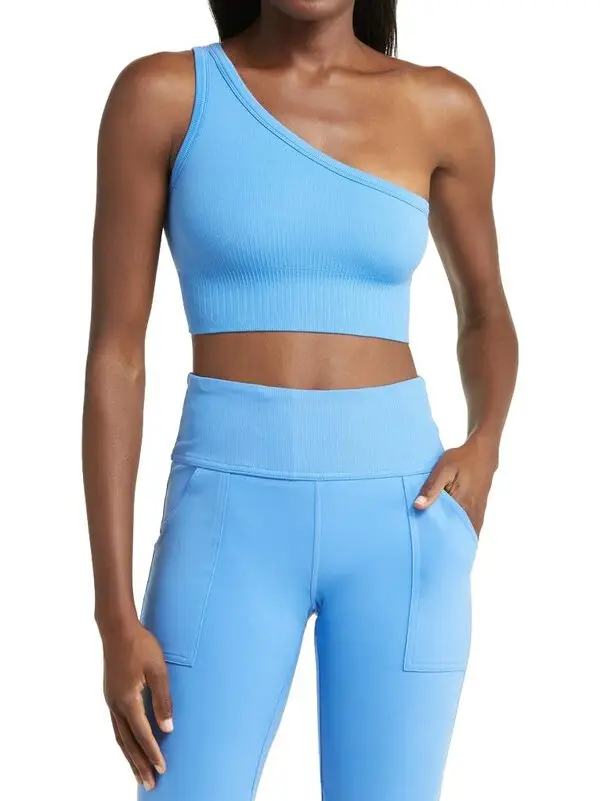Zella Allure One-shoulder Rib Sports Bra - Blue Regatta