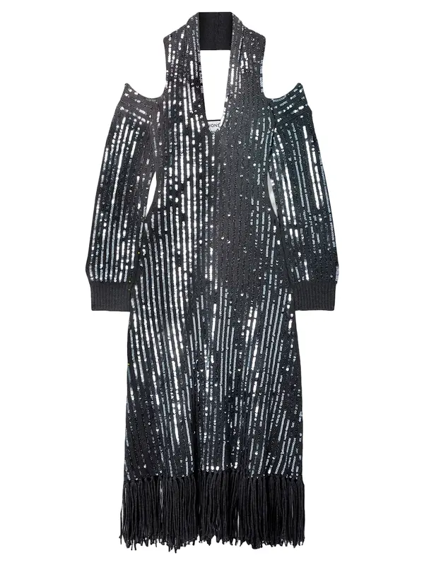 Monse Fringed Sequined Halterneck Midi Dress - Charcoal